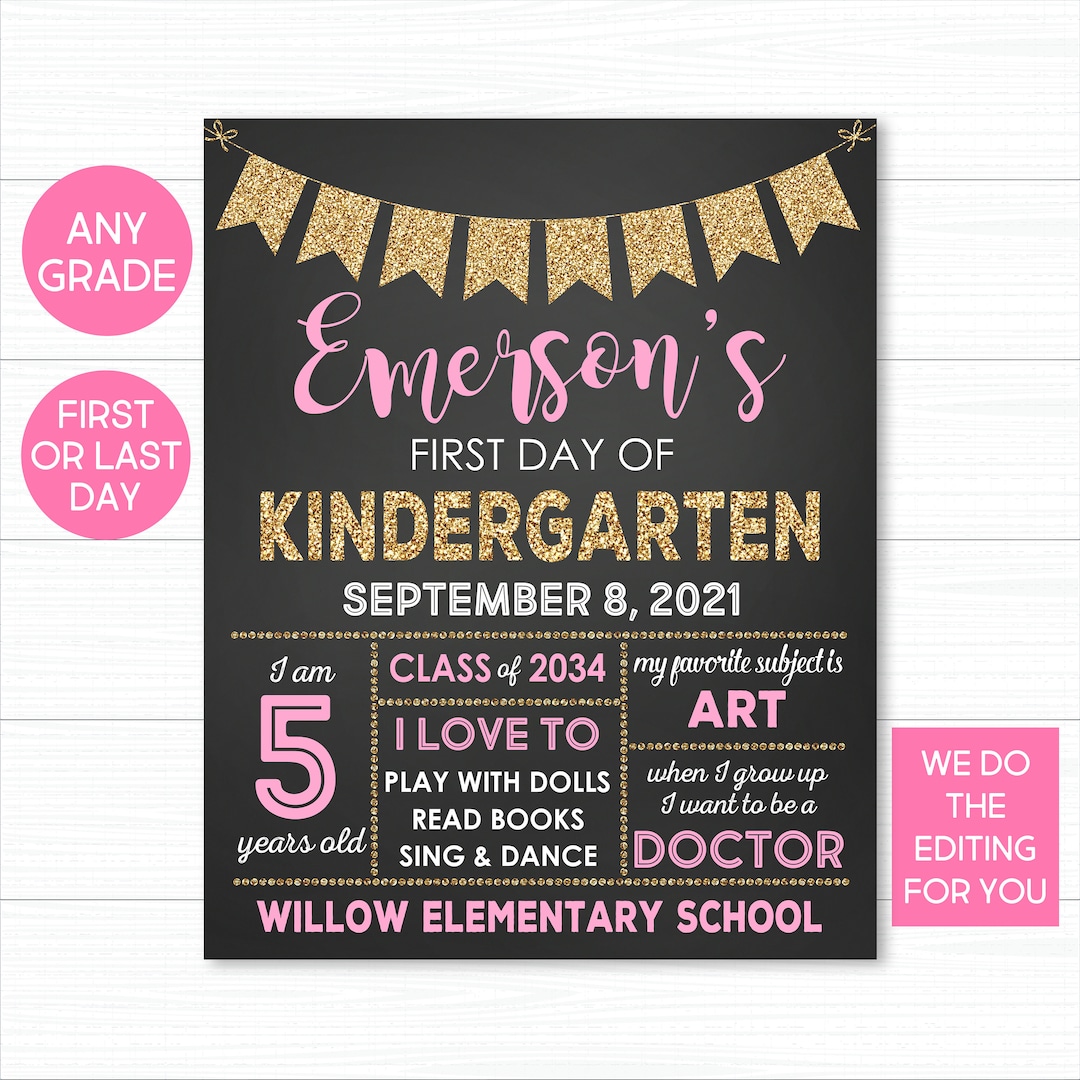 Pink and Gold First Day of School Sign, Chalkboard Printable (digital ...