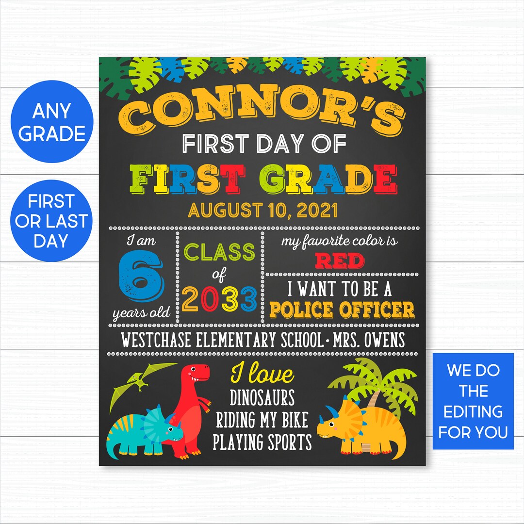 Dinosaur First Day of School Sign, Boy First Day of School Sign, Back ...