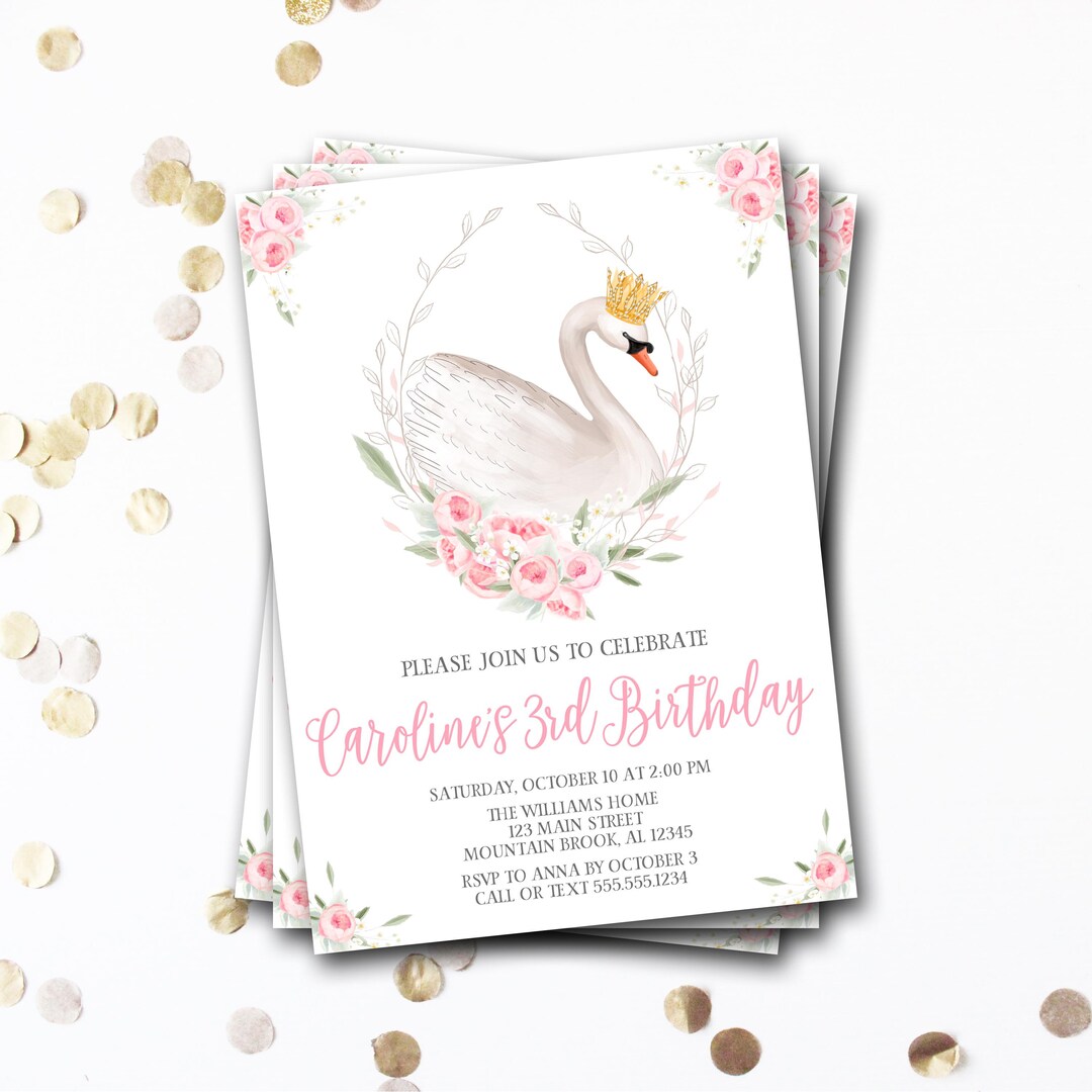 Swan Princess Birthday Invitation: Pink and Gold (digital or Printed ...