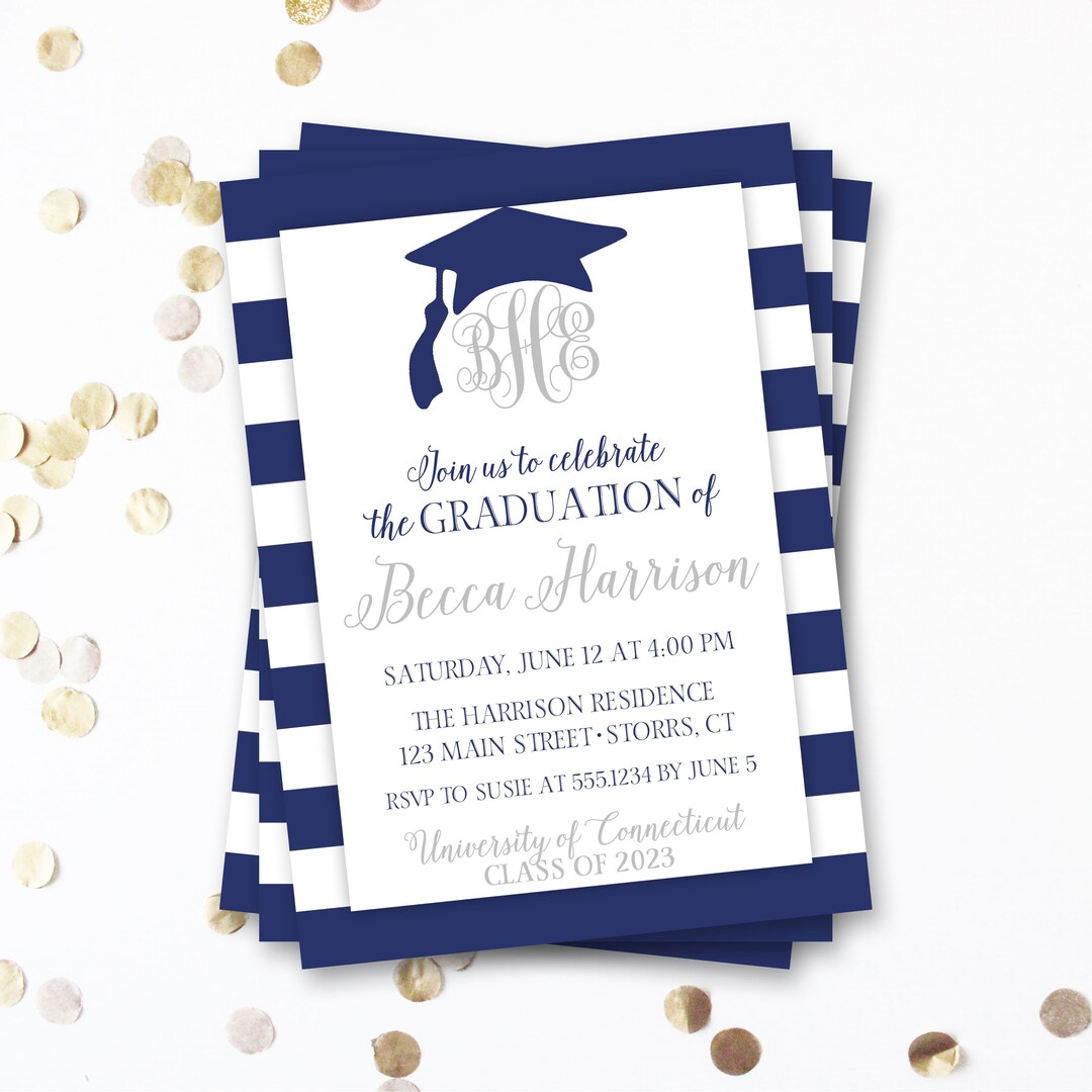 Monogram Graduation Invitation, Navy Graduation Invitation, Navy and ...