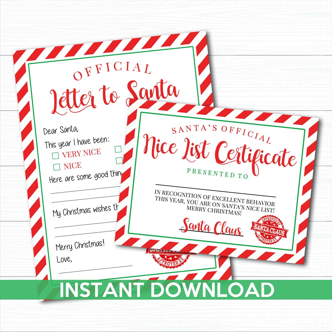 PRINTABLE Letter to Santa and Nice List Certificate, Instant Download ...