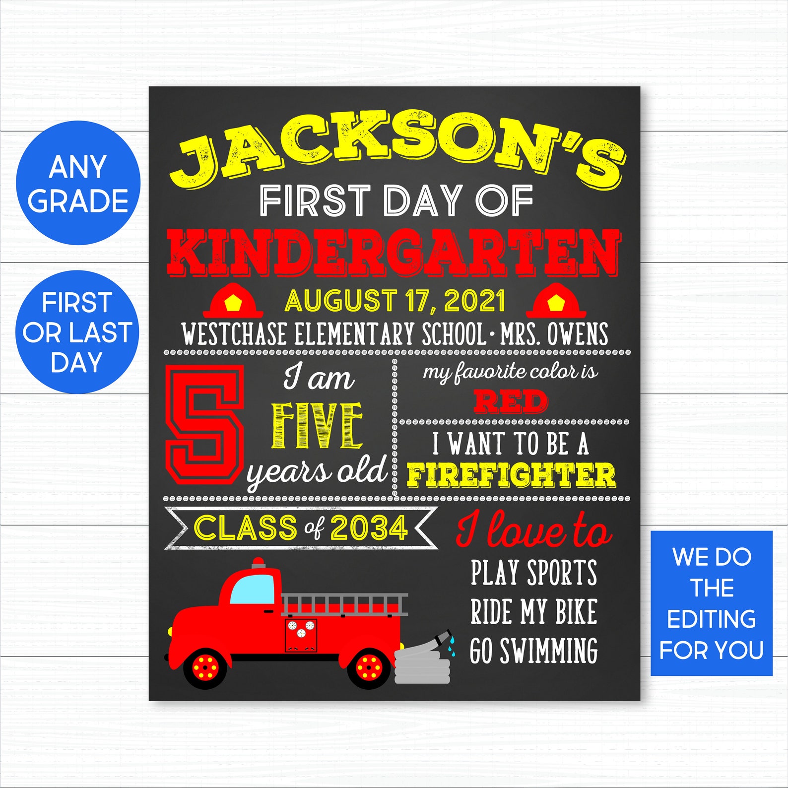 First Day of School Sign, Fire Truck First Day of School Sign, Boy ...