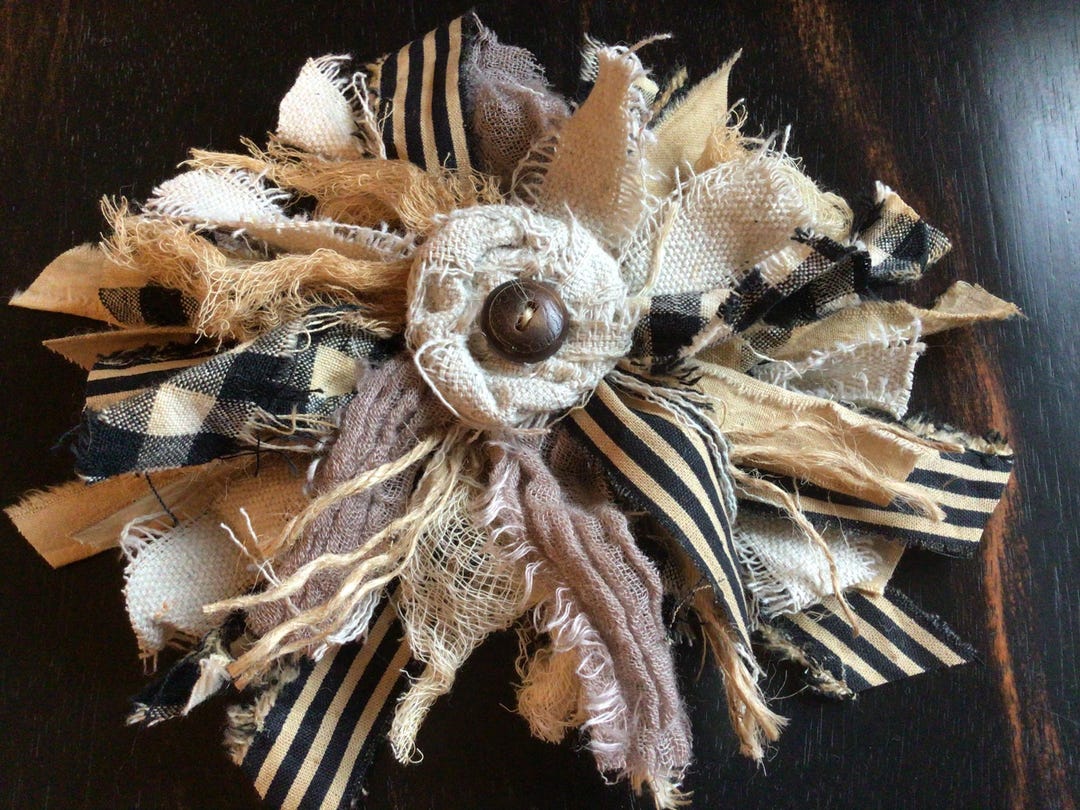 Farmhouse Rag Bow Messy Bow Primitive Bow Fabric Bow Black and Cream ...
