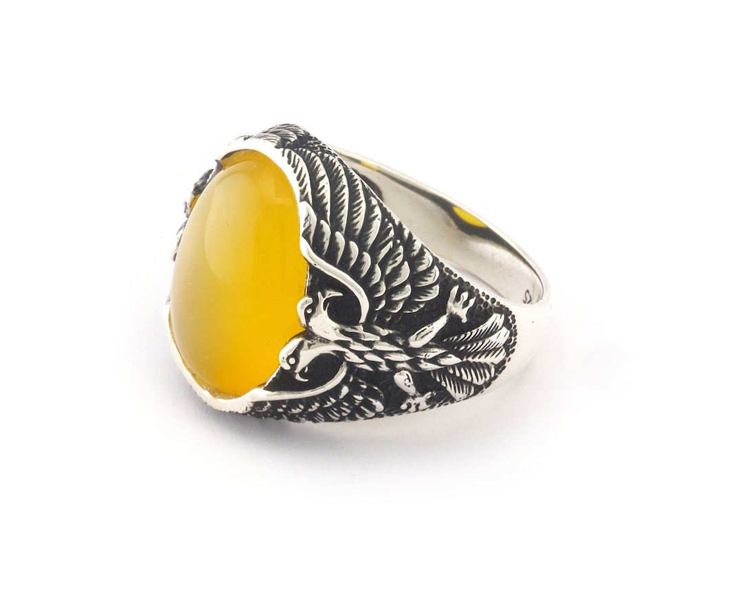 Double Eagle Signet Ring 925 Sterling Silver With Yellow Agate Stone - Etsy