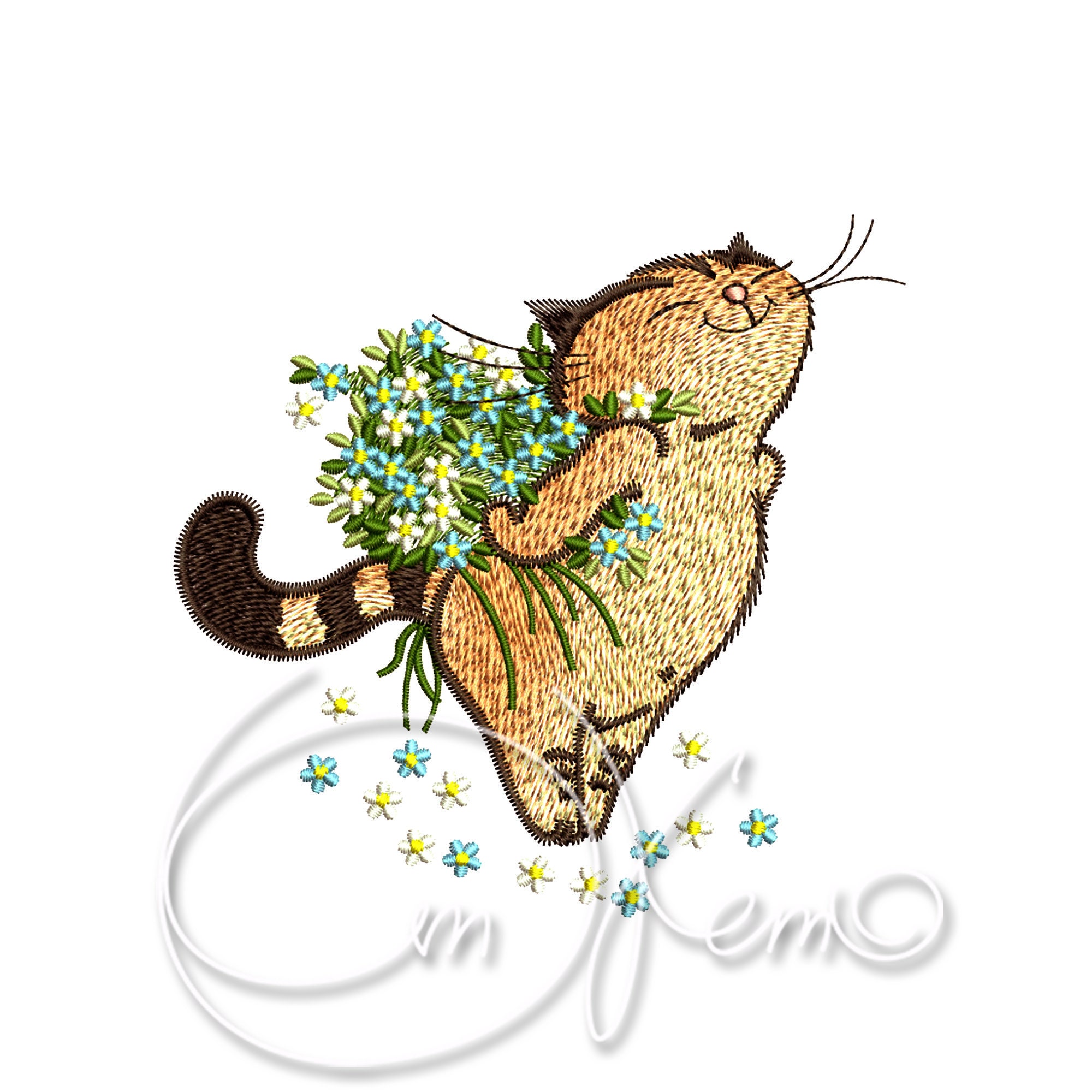 Machine embroidery design Cat and flowers Digitized PES | Etsy