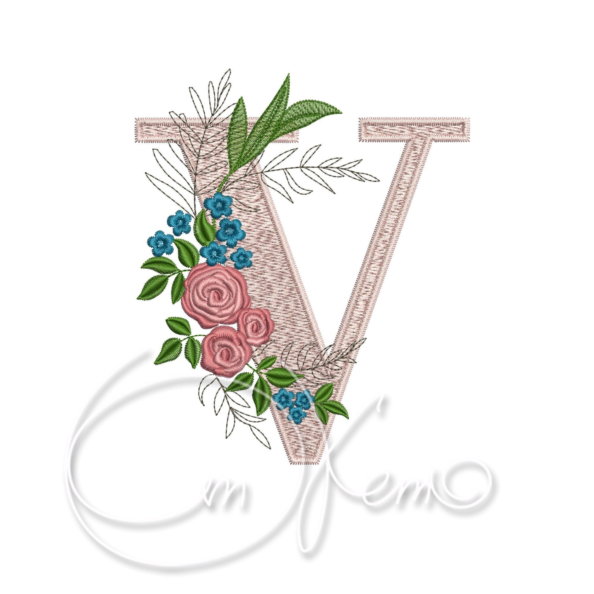 Machine Embroidery Design Capital Letter V Digitized Roses | Etsy