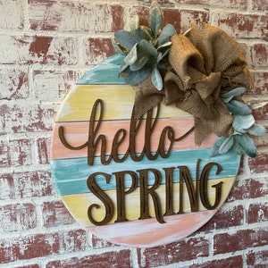 Spring Wreath, Spring Door Hanger, Round Wooden Door Hanger, Pastel ...