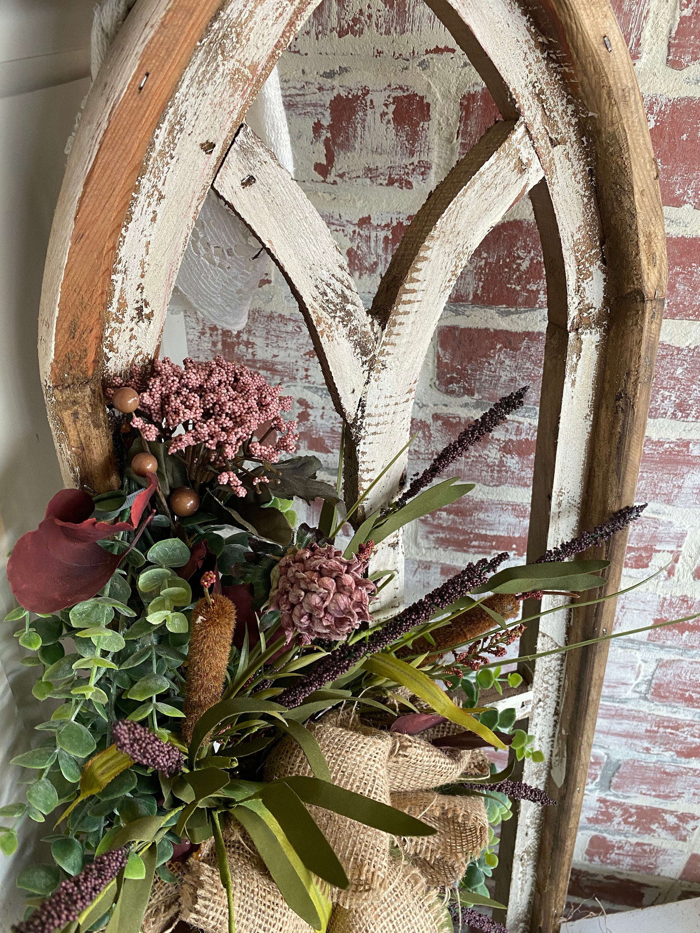 Cathedral window frame with floral arrangement wall decor | Etsy