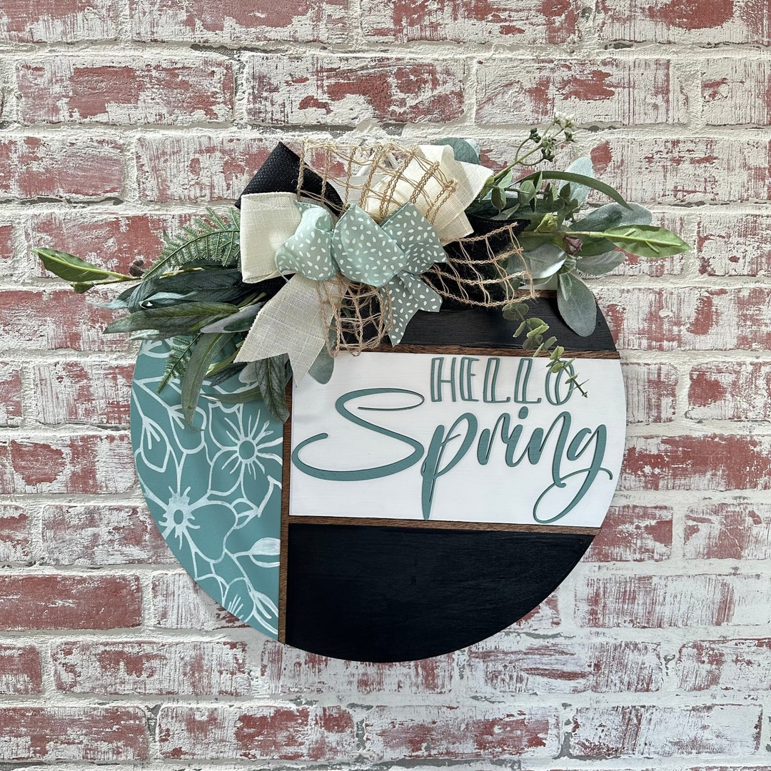 Spring Wreath, Spring Door Hanger, Round Wooden Door Hanger, Welcome ...