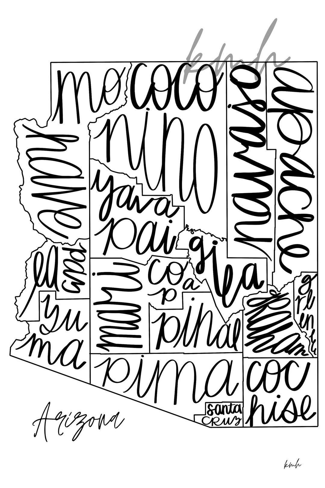 Arizona Map | Counties | Handlettering | Digital Download - Etsy