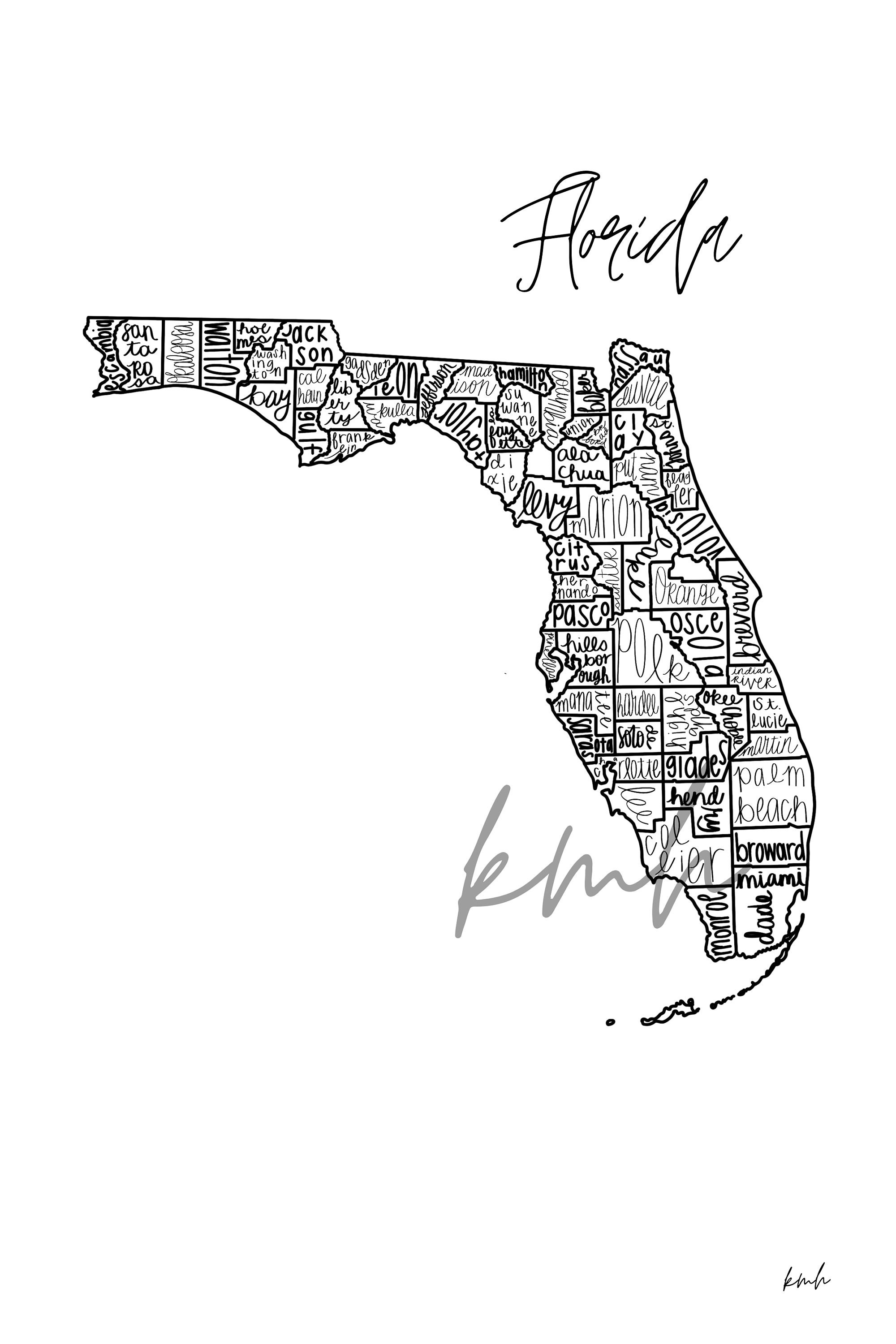 Florida Map | Counties | Handlettering | Digital Download - Etsy