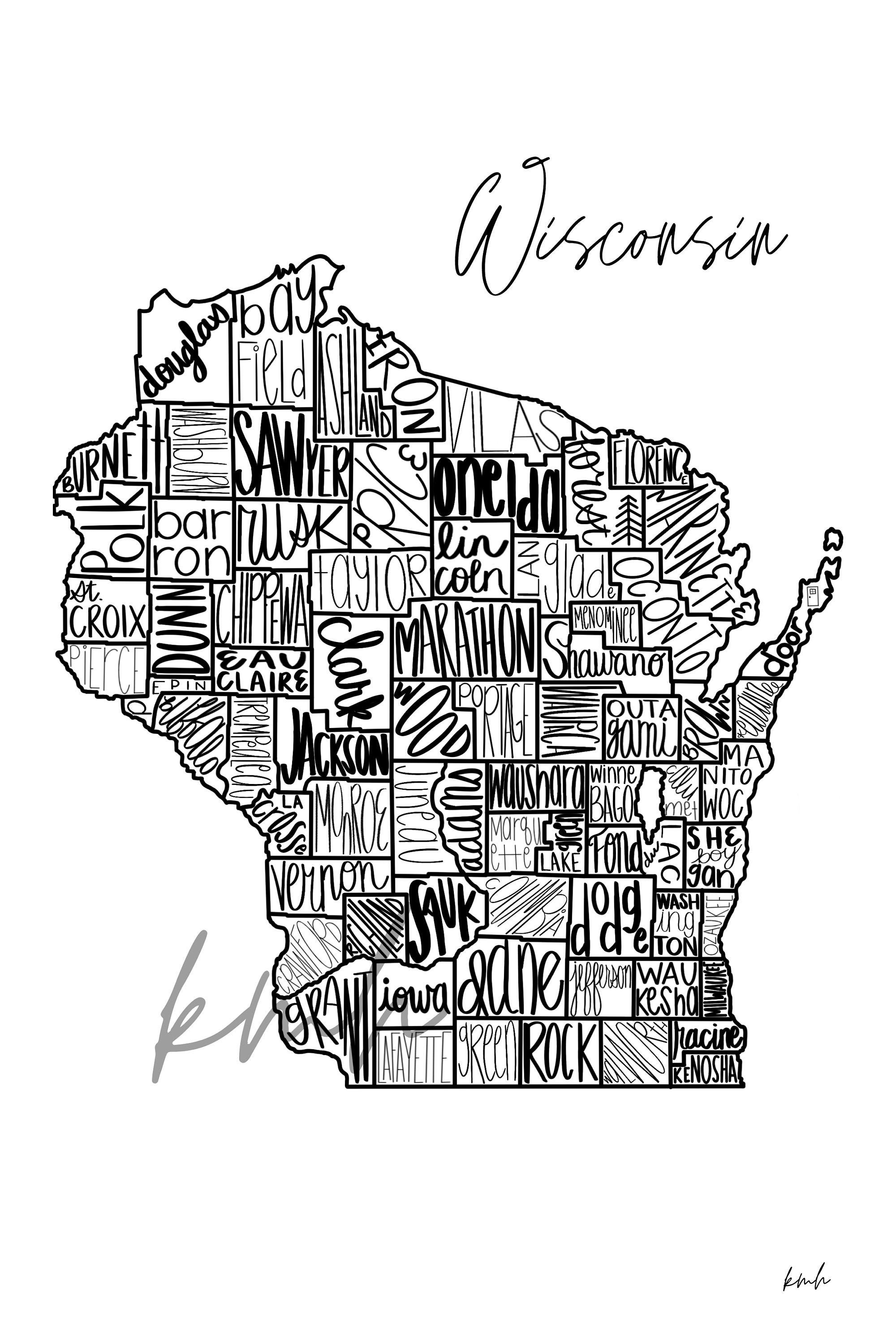 Wisconsin Map | Counties | Handlettering | Digital Download - Etsy