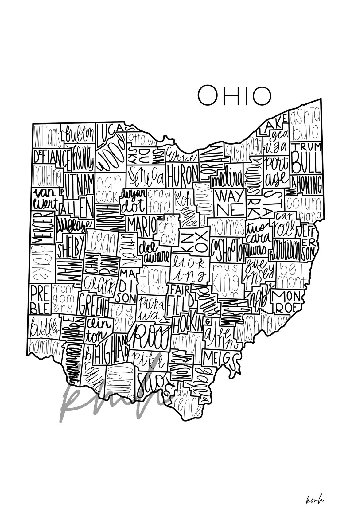 Ohio Map Counties Handlettering Digital Download - Etsy