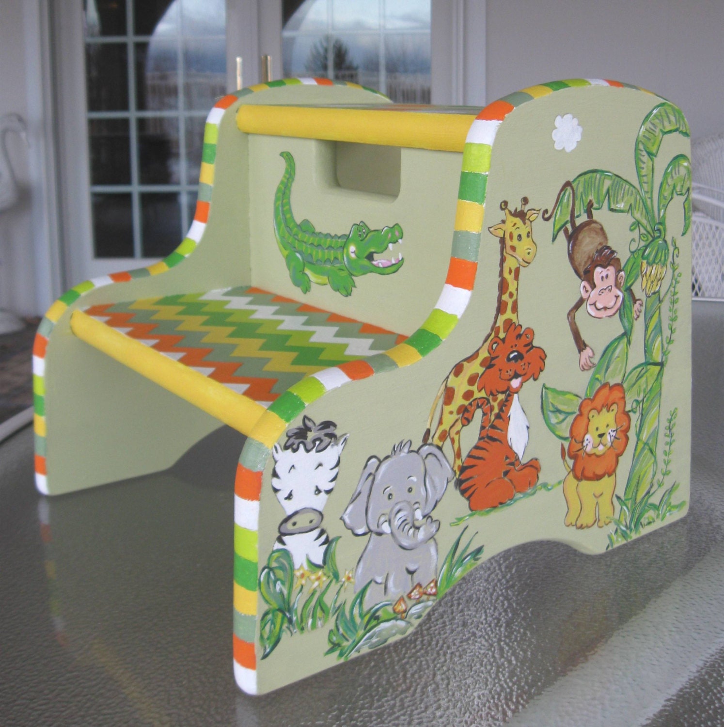 Children's Hand Painted Safari Animal Step Stool, Colorful Chevron and ...
