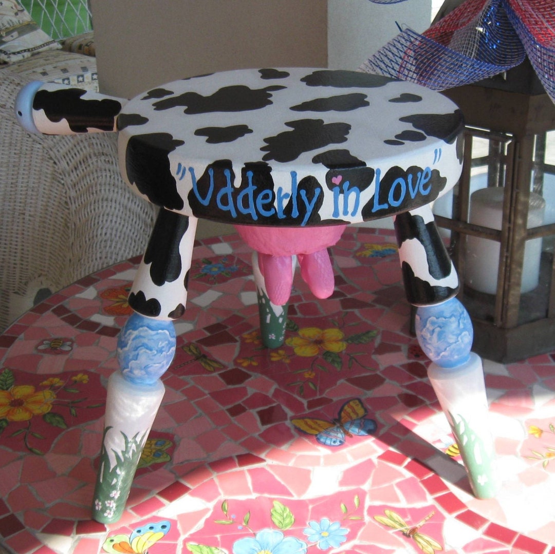 Hand Painted Milking Stool W/ Cow Theme, Cow Milking Stool, Black and ...