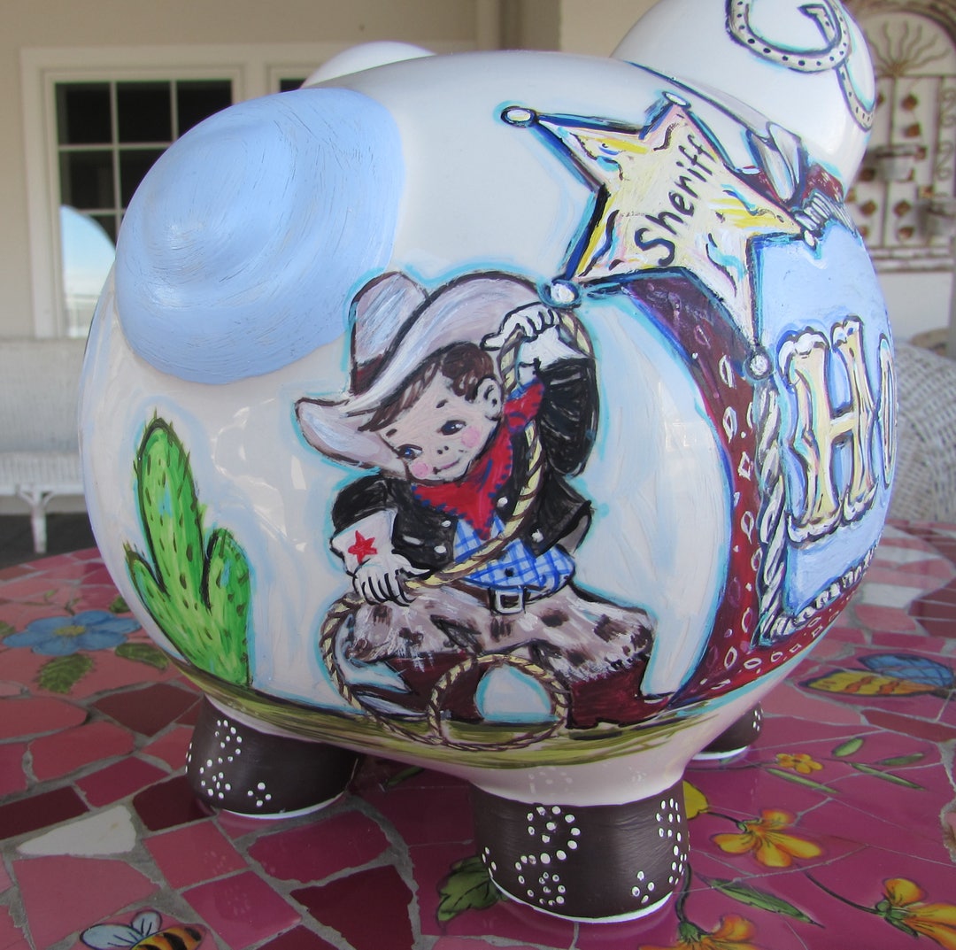 Hand-painted Western Piggy Bank: Custom Cowboy Nursery Decor - Etsy