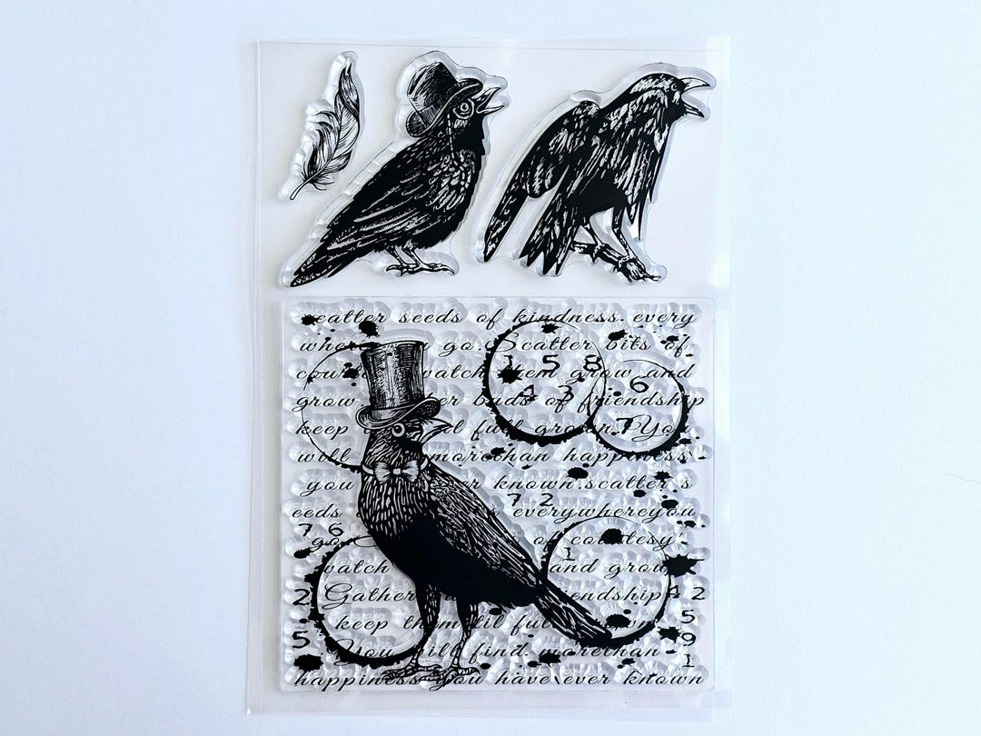 Raven Stamp Crow Stamp Text Background Clear Stamp Set for Cardmaking ...