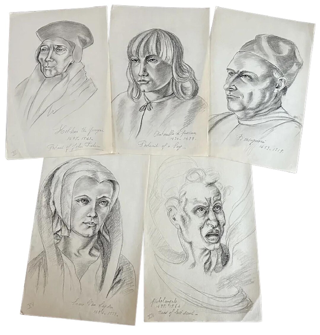 Old Master Artwork Drawings: Holbein, Michelangelo, Bonsignori (set of ...