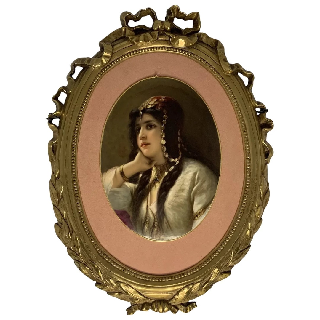 KPM Quality Portrait Painting on Porcelain of Gypsy Woman in Gilt Metal ...