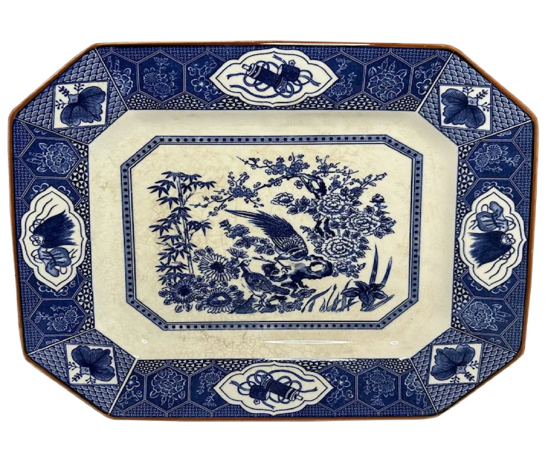 Vintage Oriental Ironstone Platter: Blue Transferware Gamebird Design ...