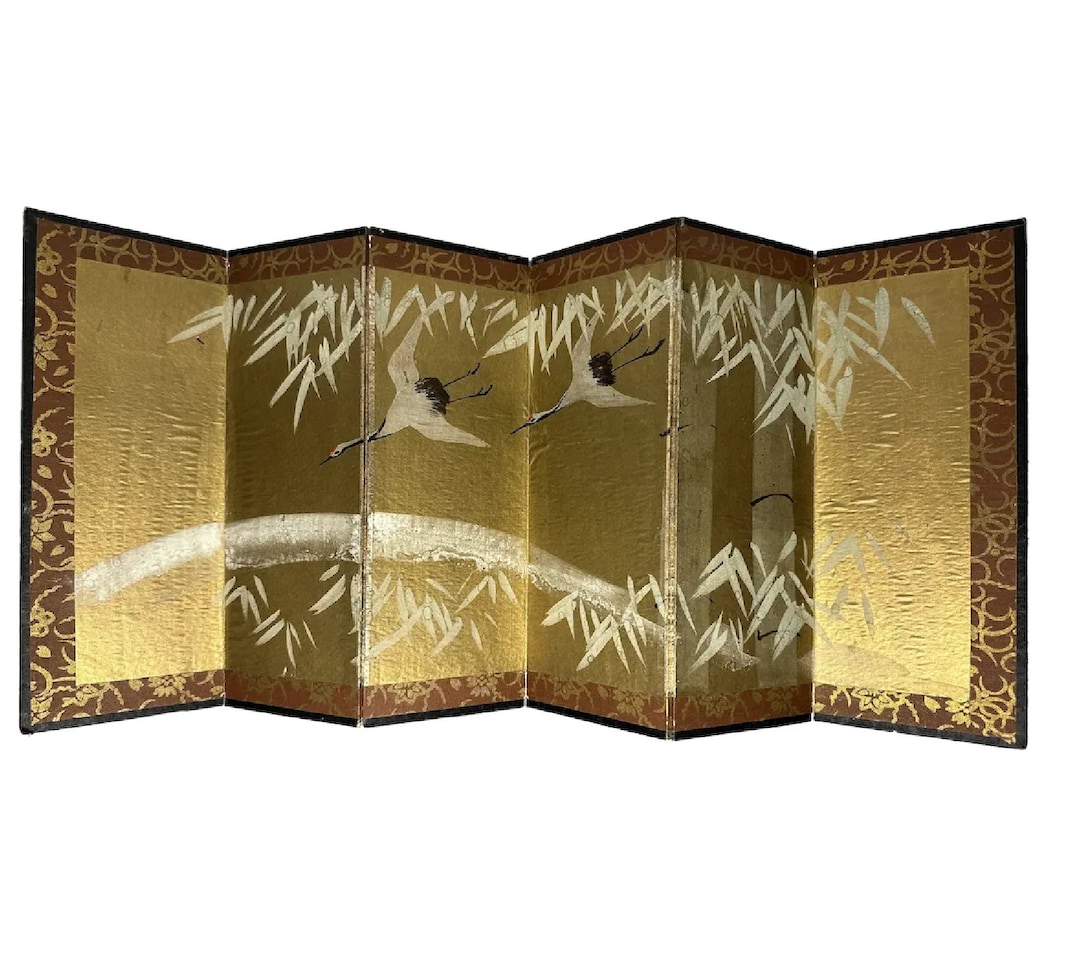 Japanese Meiji Byobu Table Screen With Red Headed Cranes in Flight C ...