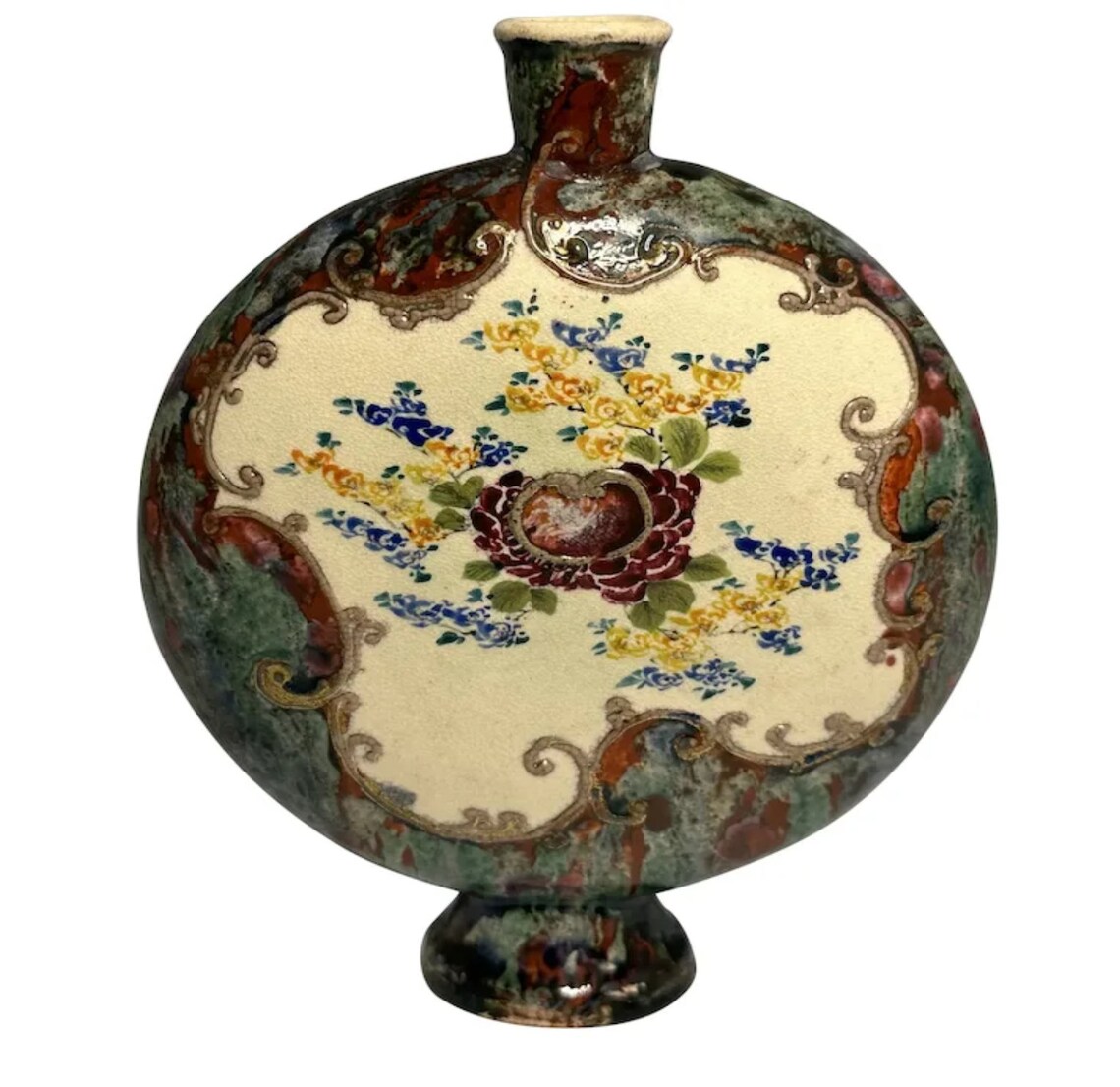 Japanese Hand-painted Flambe Glazed Moon Flask: Artist Signed, Meiji ...
