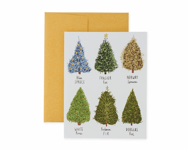 Gold Foil Decorated Christmas Trees Holiday Card - Etsy