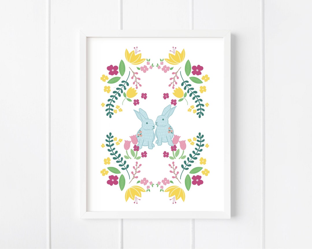 Scandinavian Print - BUNNY RABBITS FLOWER Nursery Wall Art - Playroom ...