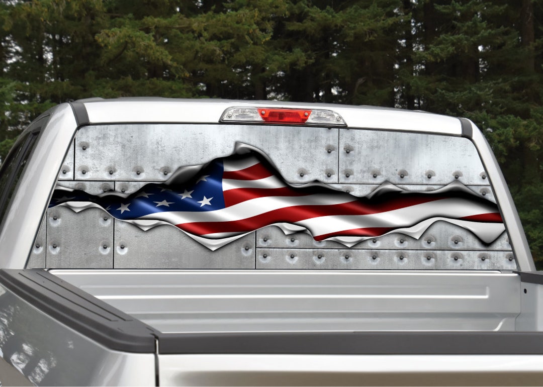 American Flag Ripped Metal #2 Riveted Metal Rear Window Graphic Decal ...