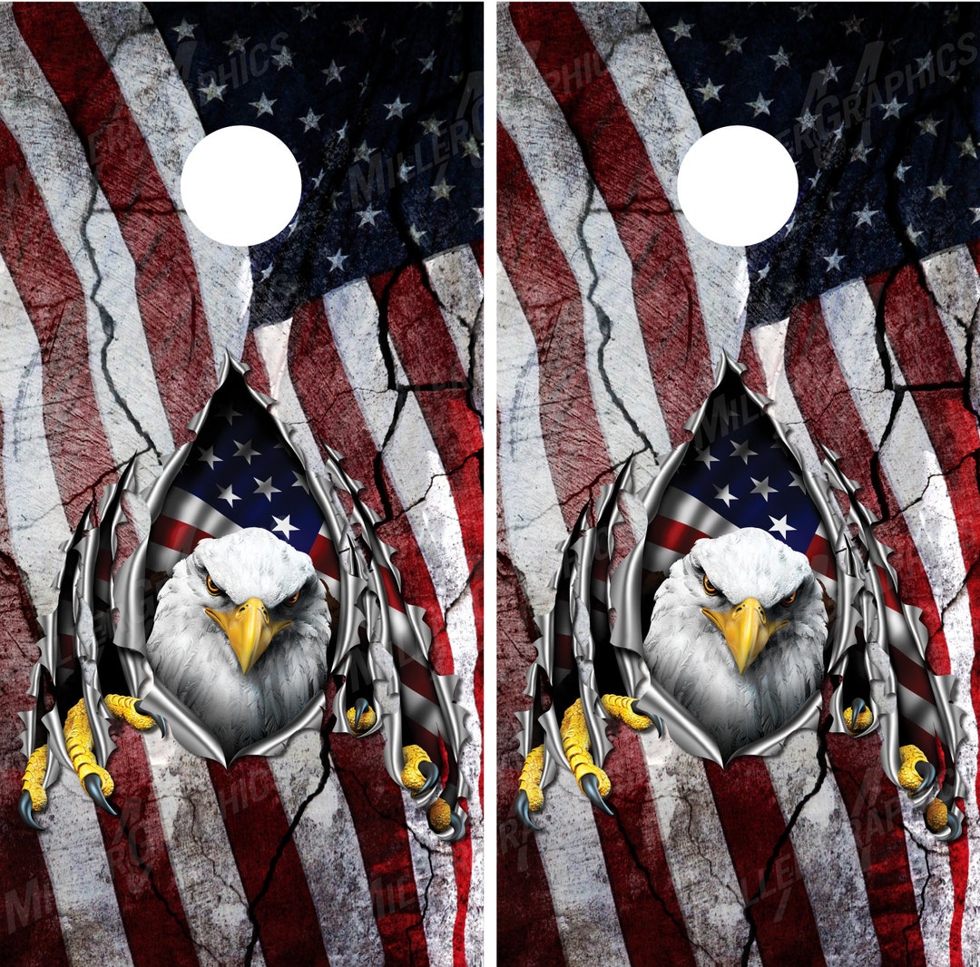 Bald Eagle Ripped Metal V2 American Flag Cracked Rock Cornhole Wraps ...