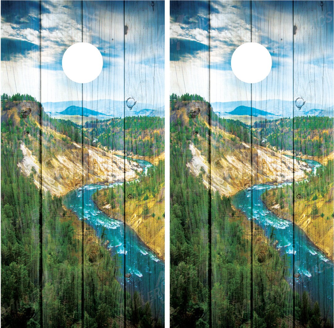 Mountains River Scenery V3 Distressed Wood Western Landscape Cornhole ...