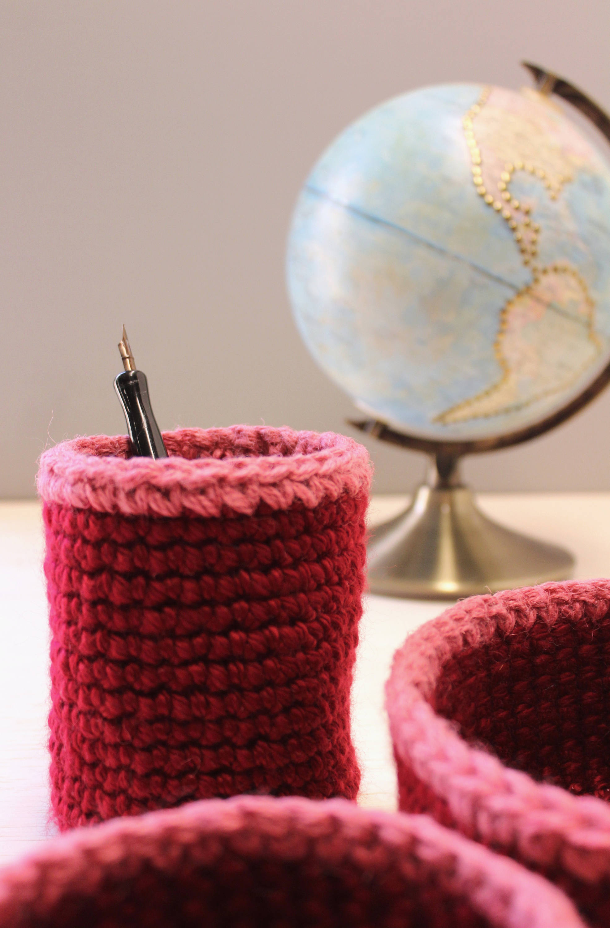 Red & Pink Crochet Basket Desk Set, Office Organization, Kids Room ...