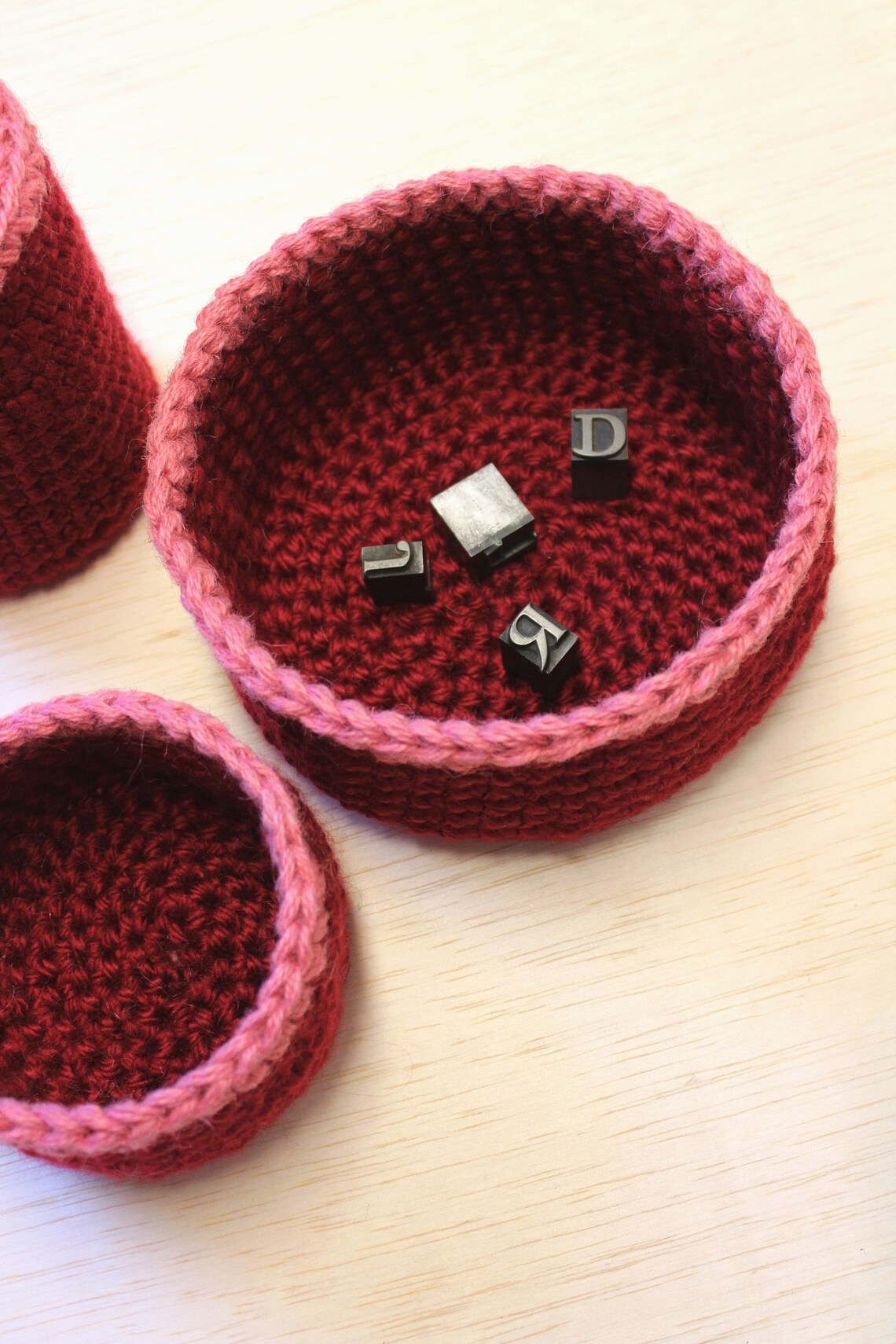 Red & Pink Crochet Basket Desk Set, Office Organization, Kids Room ...