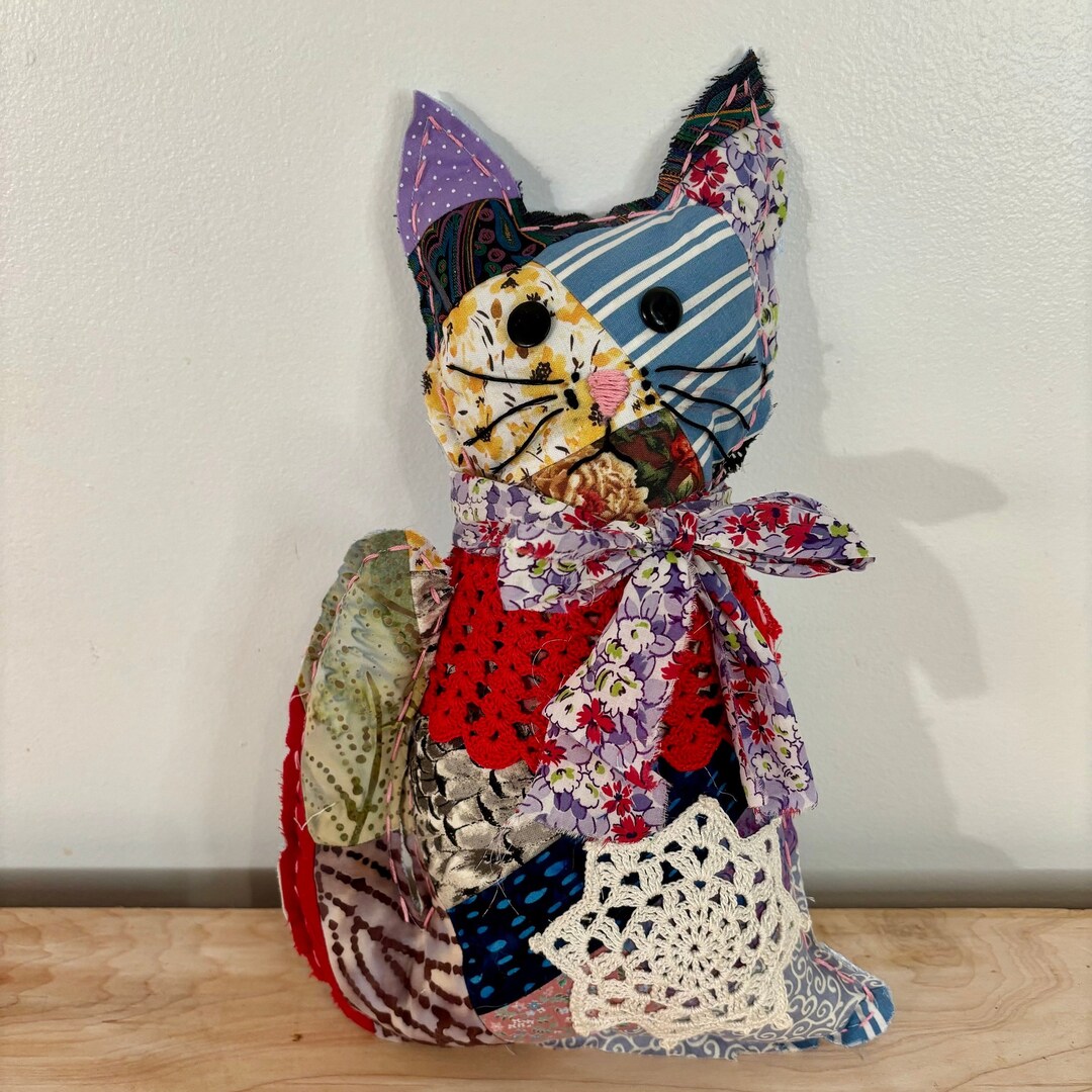 Crazy Quilt Stuffed Cat Doll Cottage Country Oak Patchwork Cat Toy Doll ...