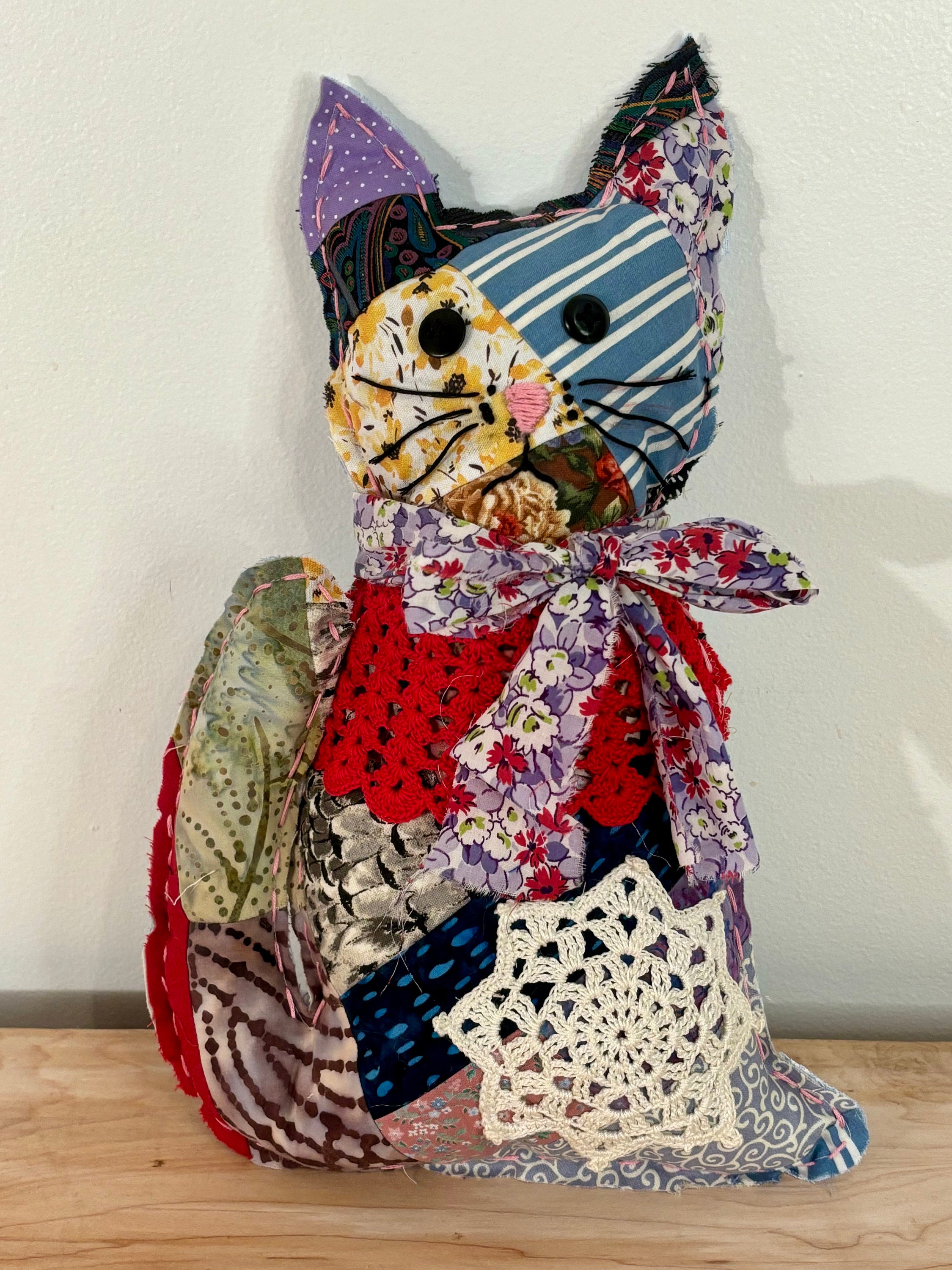 Crazy Quilt Stuffed Cat Doll Cottage Country Oak Patchwork Cat Toy Doll ...