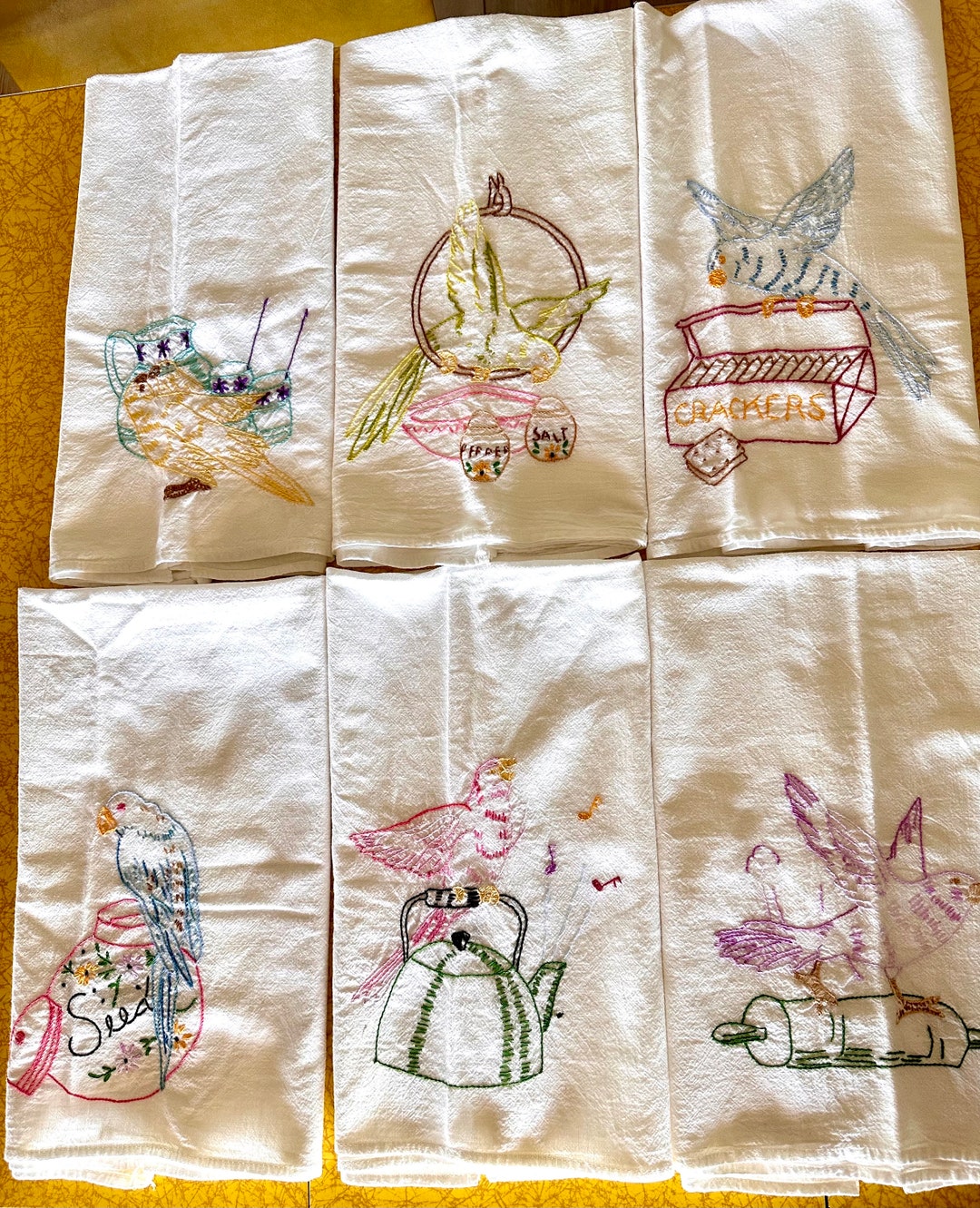 Birds of a Feather! Vintage 6 Pc Hand Embroidered Flour Sack Towels ...