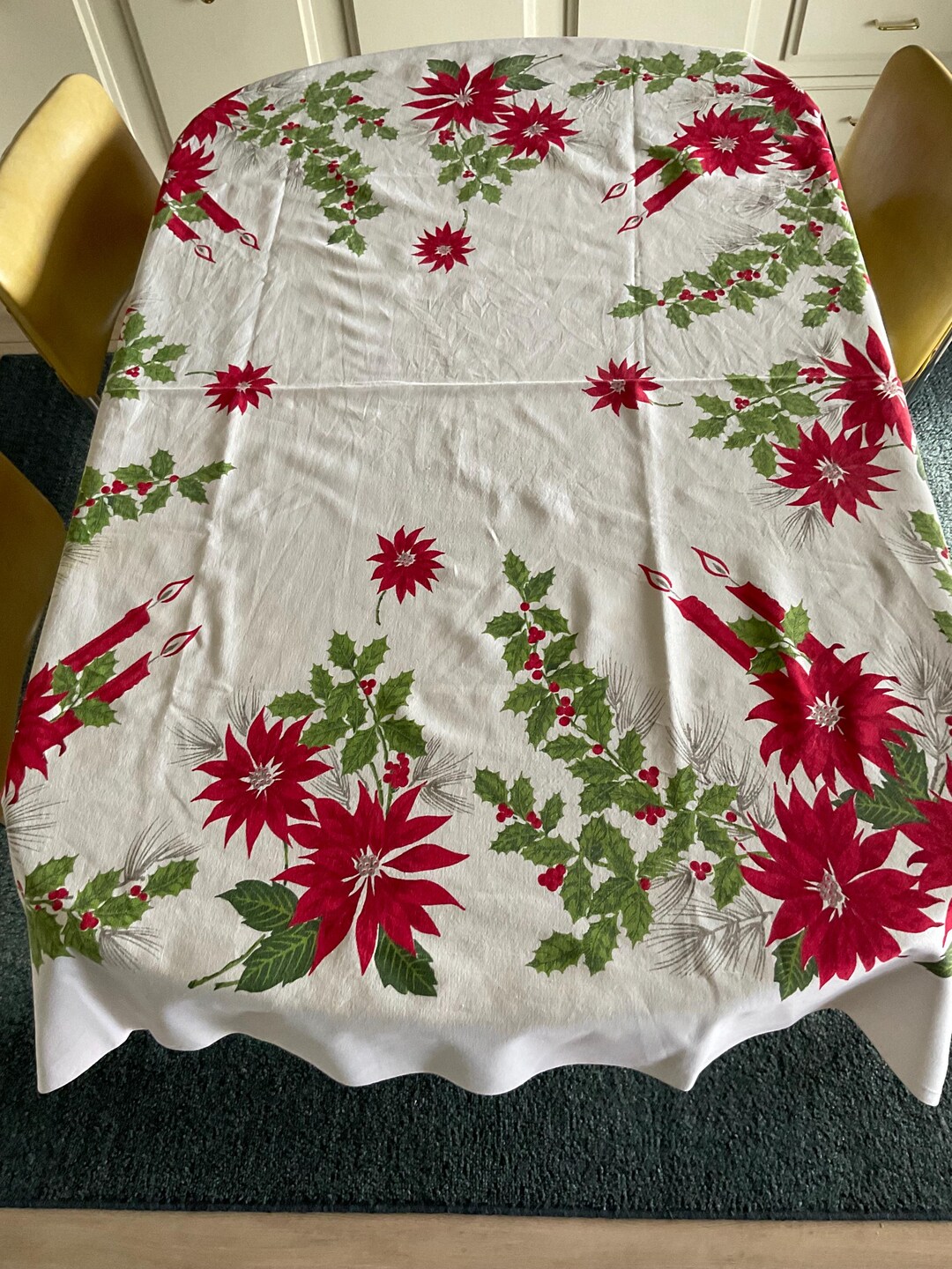 Poinsettia and Holly! Vintage Holiday Christmas Cotton Tablecloth ...