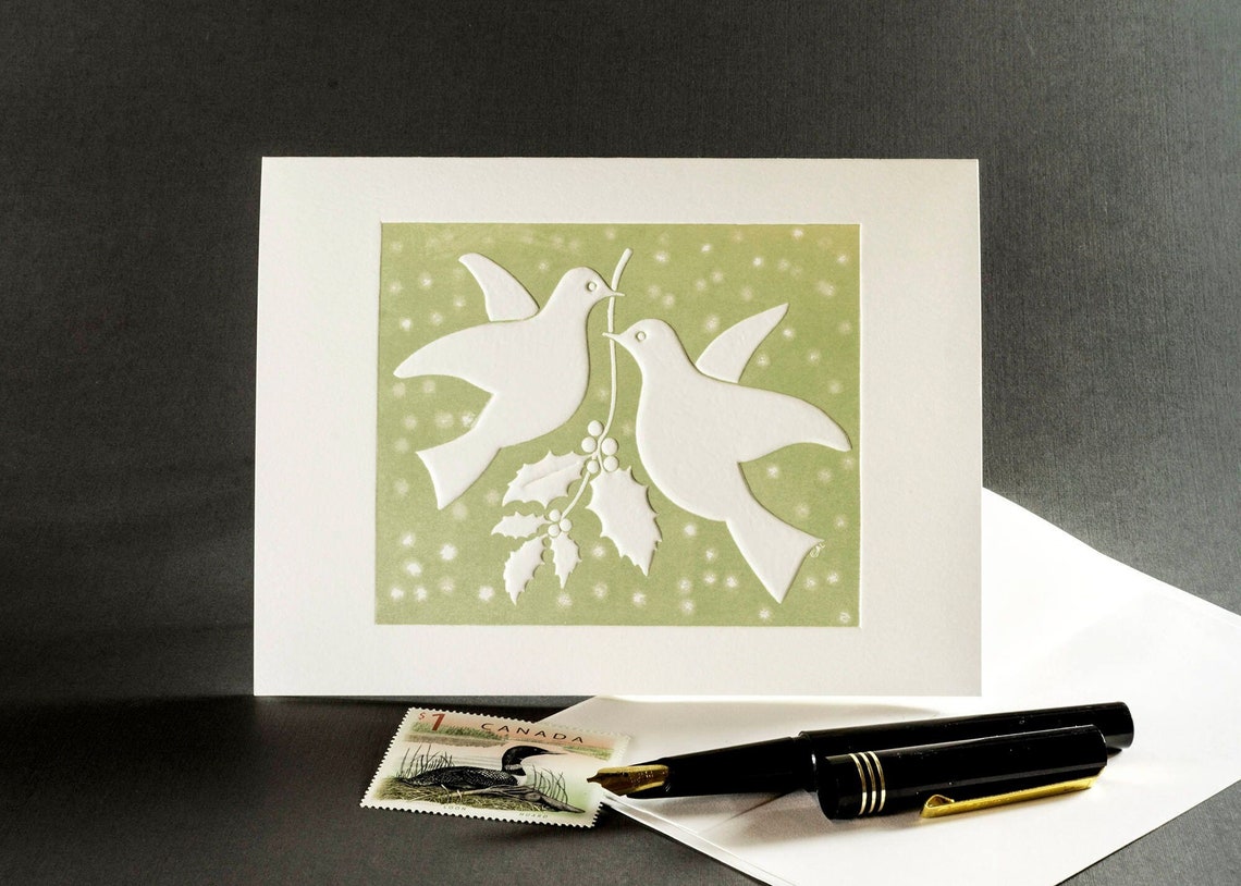Embossed Christmas Doves With Holly Branch Card: Letterpress Holiday ...