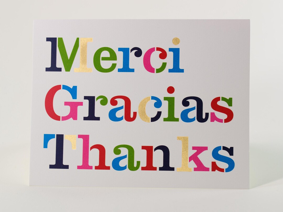 10 Merci Gracias Thanks Note Card Set With Gold Lined Envelopes. Boxed ...