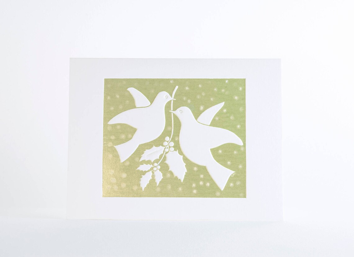 Embossed Christmas Doves With Holly Branch Card: Letterpress Holiday ...
