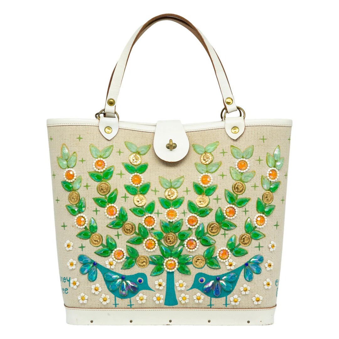 21R MINT Enid Collins of Texas 1968 Money Tree Linen and Leather Tote ...
