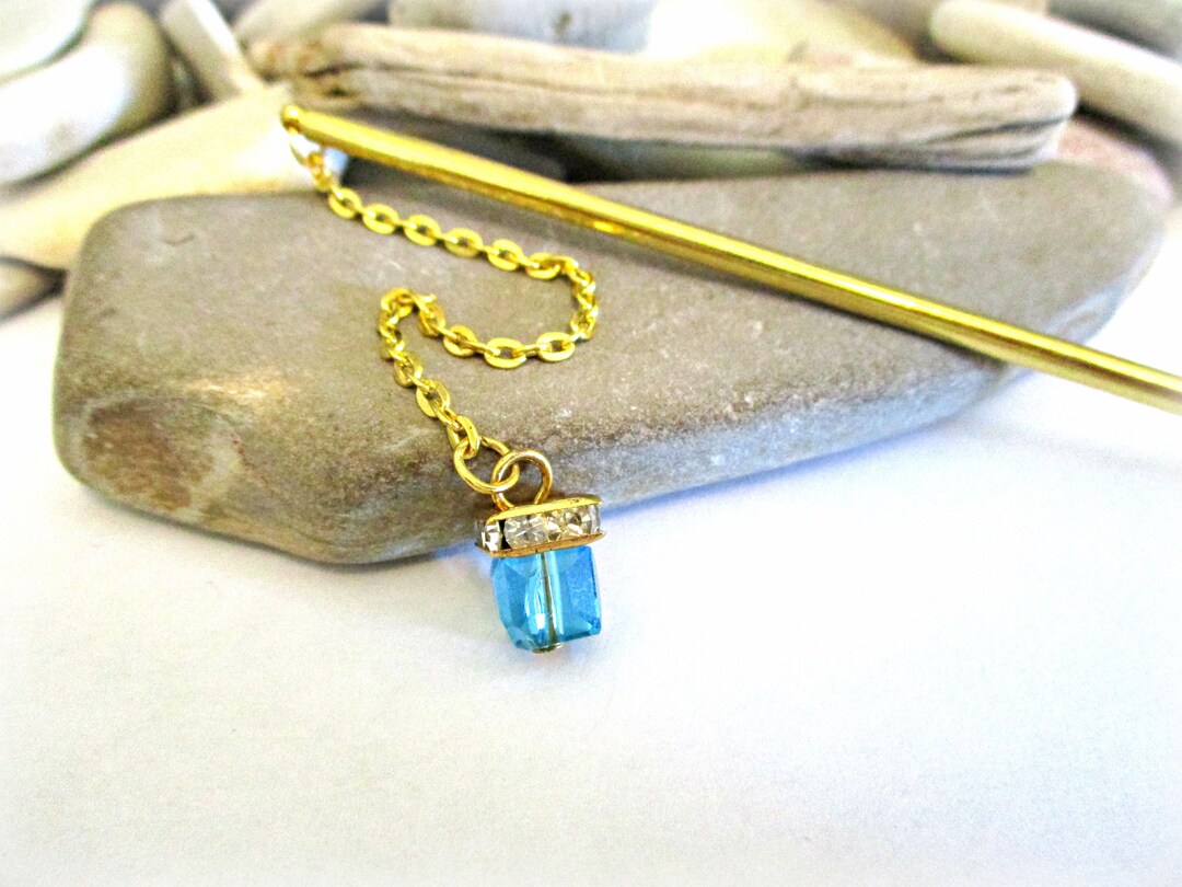 Gold Hair Stick With Sky Blue Glass Dangle Charm | Blue Hair Bun ...