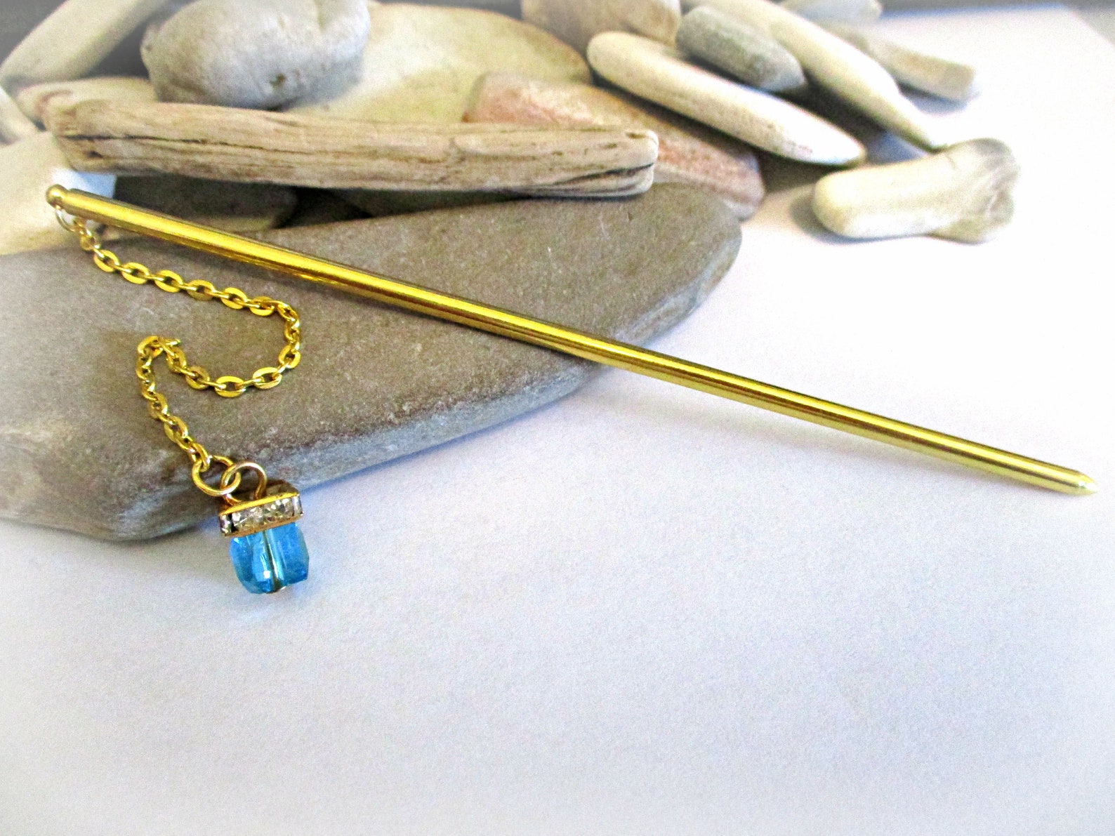 Gold Hair Stick With Sky Blue Glass Dangle Charm Blue Hair - Etsy