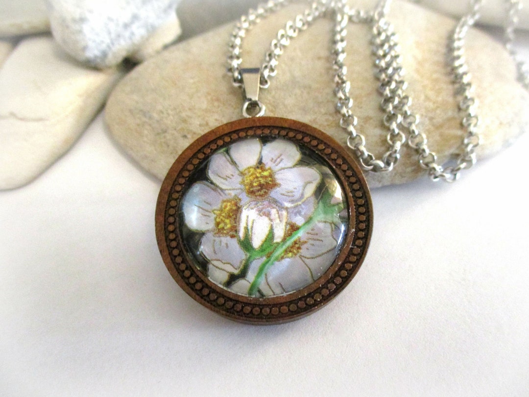 Magnolia Flower Necklace: Wood & Glass Dome Pendant, 20" Silver Chain ...