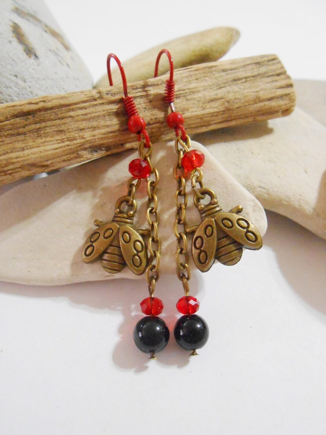 Ladybug Dangle Earrings: Bronze Charms, Red Glass Beads, Agate - Etsy