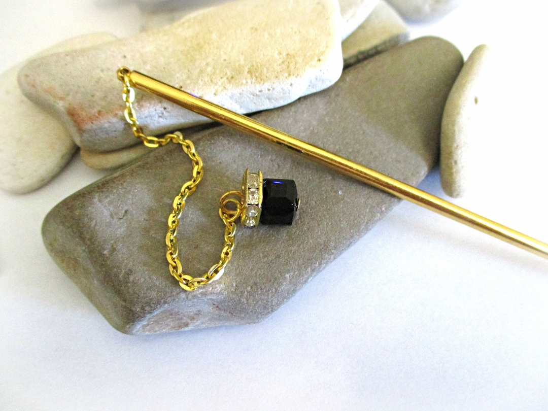 Gold Hair Stick: Black Glass Dangle Charm, Rhinestone Detail - Etsy