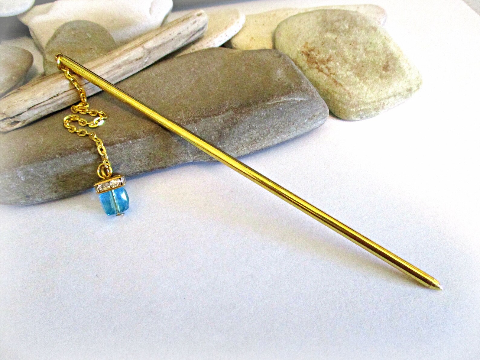 Gold Hair Stick With Sky Blue Glass Dangle Charm Blue Hair - Etsy
