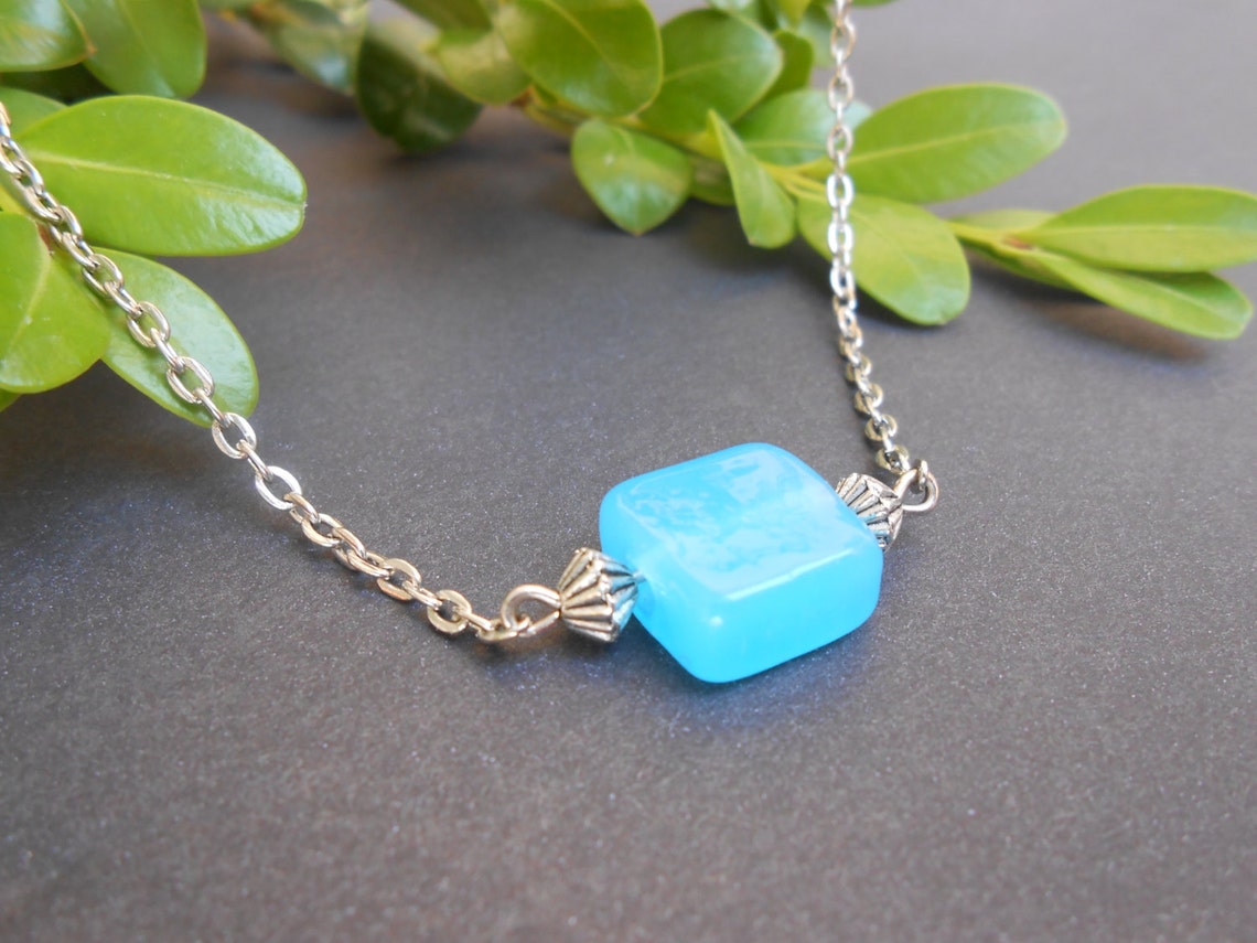 Dainty Cyan Blue Glass Necklace Simple Delicate Jewelry | Etsy