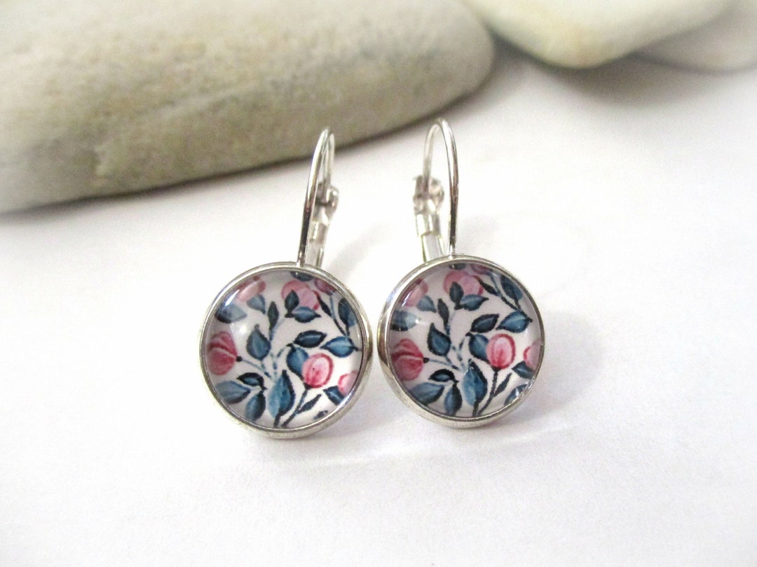 Silver Lever Back Earrings for Women With Pink Flowers Handmade Flower ...