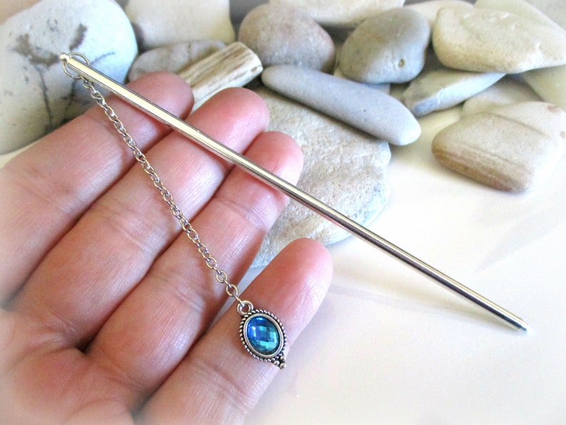 Silver Hair Stick Sparkly Blue Glass Charm Hair Pin Hair | Etsy